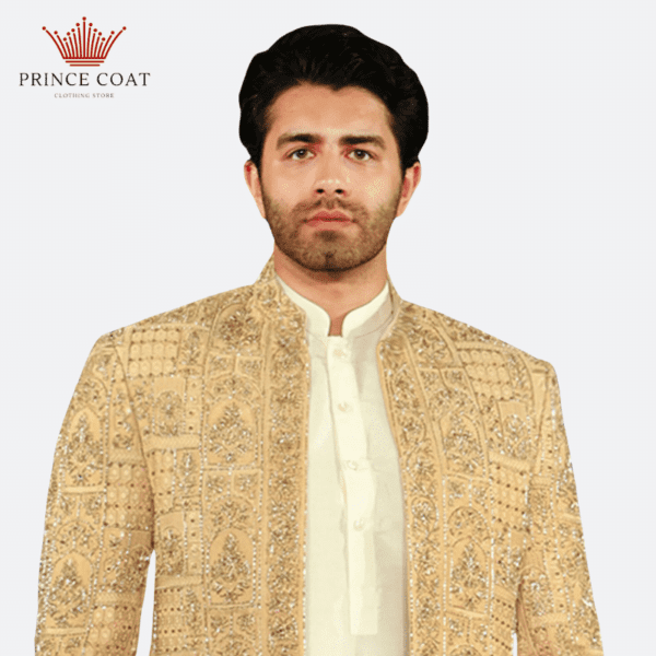 Golden Pakistani Designer Special Day Prince Coat - Menswear| Prince Coat