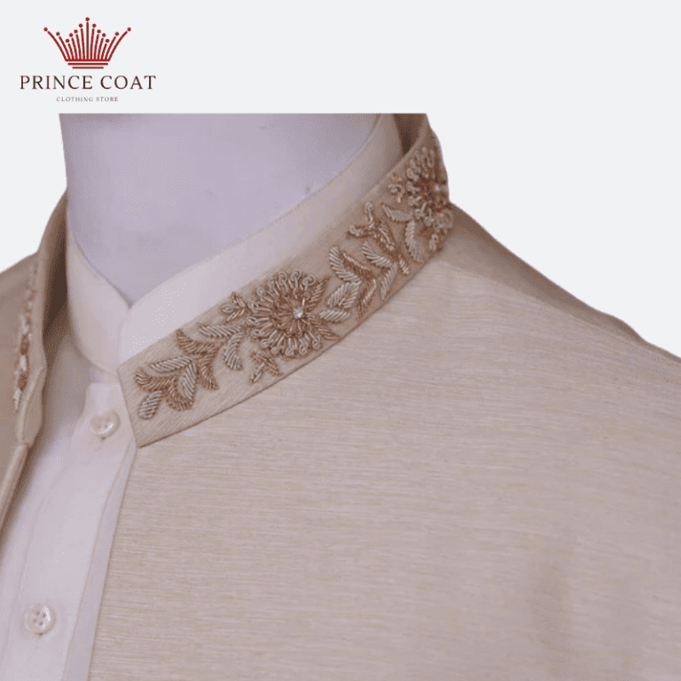 Golden Raw Silk Fabric Open Front Luxury Prince Coat | Prince Coat