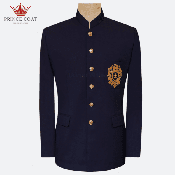 Navy Blue Woolen Fabric Designer Prince Coat - Menswear -Prince Coat